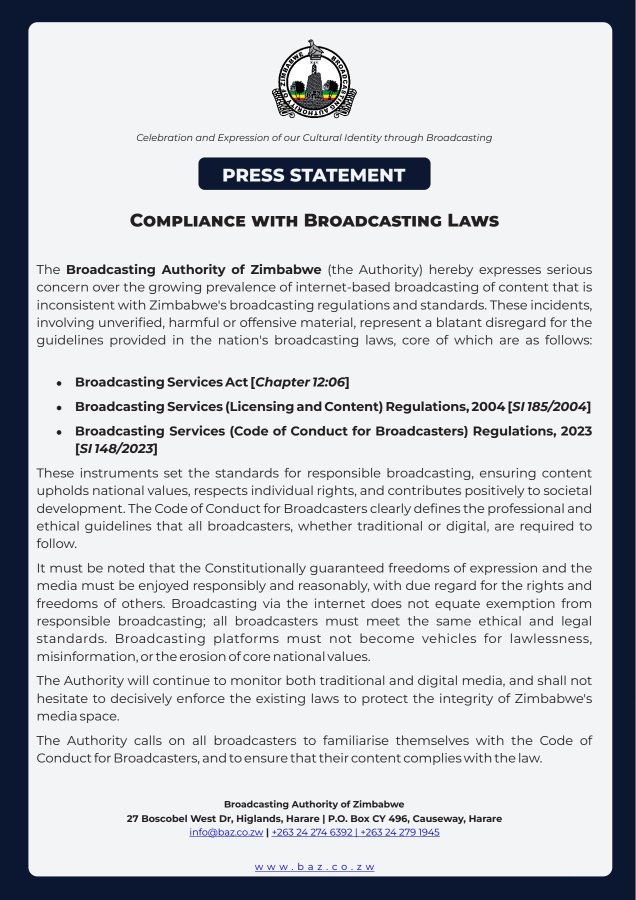 Internet-based broadcasting, content creators worry BAZ | Zw News Zimbabwe